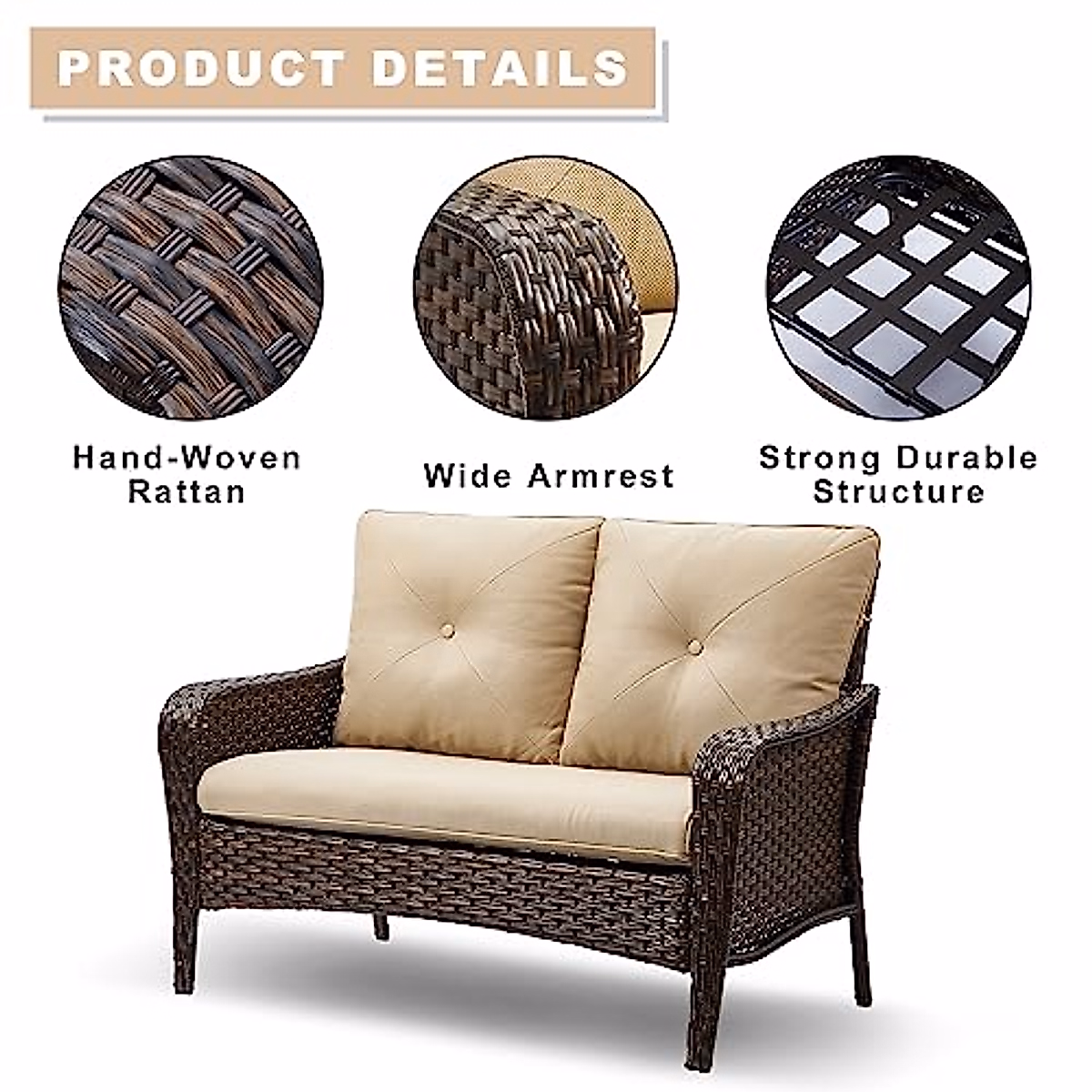 HUMMUH Outdoor Loveseat Sofa,2-Seater PE Wicker Outdoor Couch Porch High Back and Deep Seat Sofa Furniture for Backyard, Deck, Poolside （Brown/Beige）