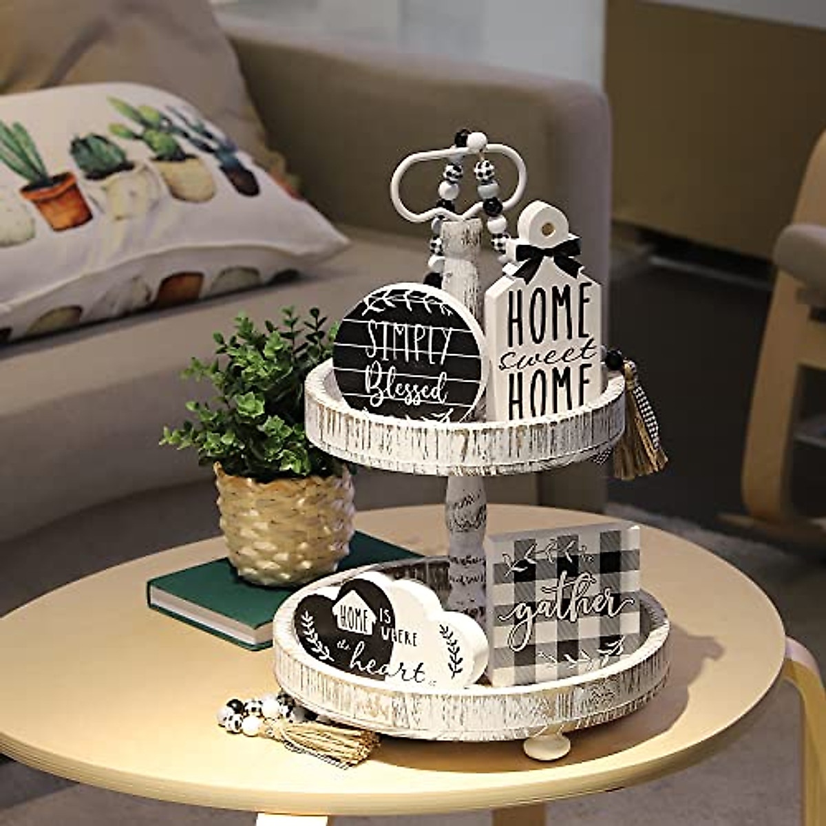 2 Tiered Tray Stand for Decor, Rustic Wooden Farmhouse Decorative Tray for Home Coffee Table Kitchen Counter by Witsbrez (White Wash)