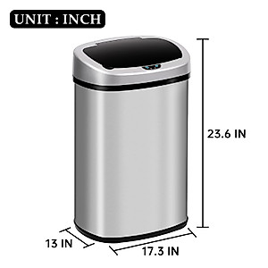 GINMAON Trash Can 13 Gallon Automatic Stainless Steel Garbage Can with Lid, Large Capacity Brushed Trash Bin Motion Sensor Metal Rubbish Can for Kitchen Office Bedroom, Silver
