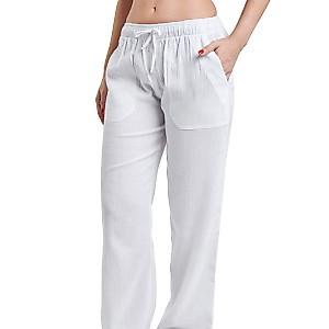 J CE Women's Cotton Gauze Low Waist Beach Pants with Pockets (White, XXXL)