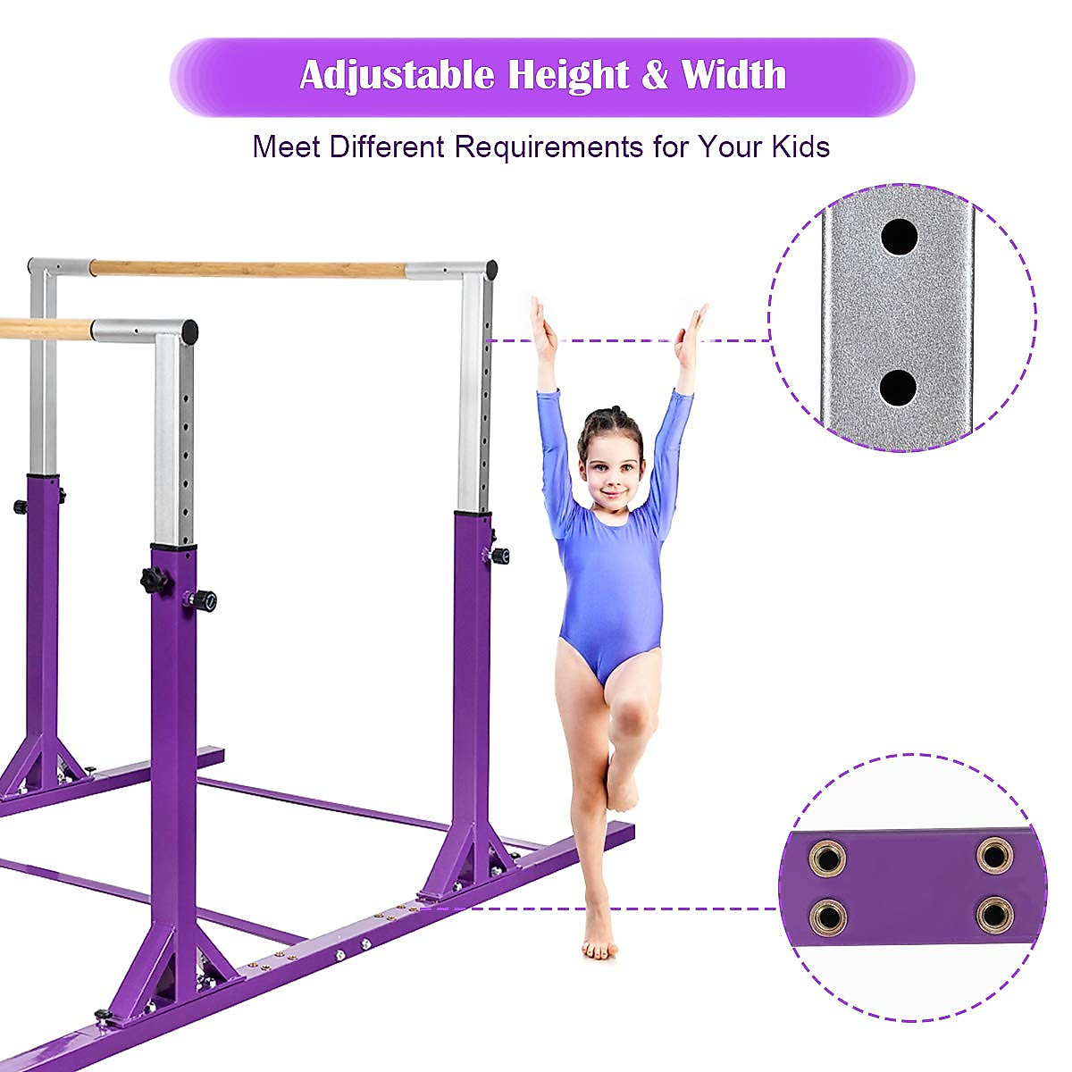 Costzon Double Horizontal Bars, Junior Gymnastic Training Parallel Bars w/11-Level 38-55" Adjustable Heights, 264lbs Capacity, Ideal for Indoors, Outdoor, Home Practice (Purple)
