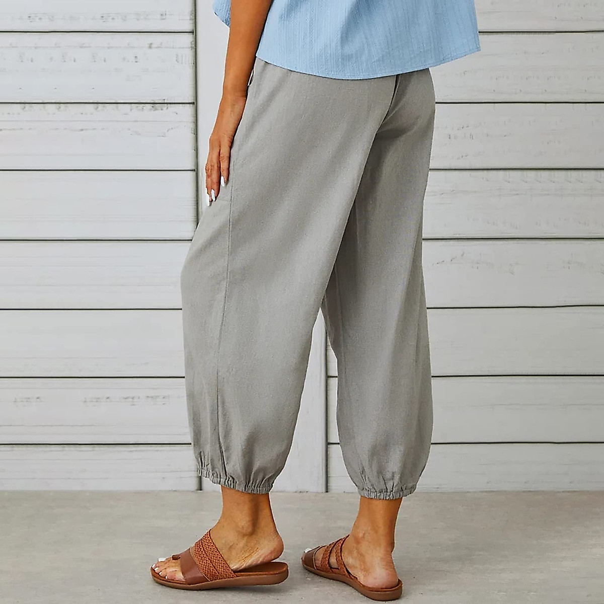 Womens Casual Capri Pants Elastic Waist Drawstring Summer Lounge Baggy Trousers Cinch Bottom Lantern Ankle Pants with Pockets