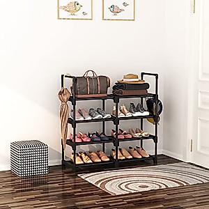 ROJASOP Shoe Rack Storage Organizer for Closet Entryway,16 Pairs 4-Tier Stackable Shoe Shelf for Hallway Bedroom Garage Dorm with Side Hooks Black Free standing Space Saving Shoe Tower