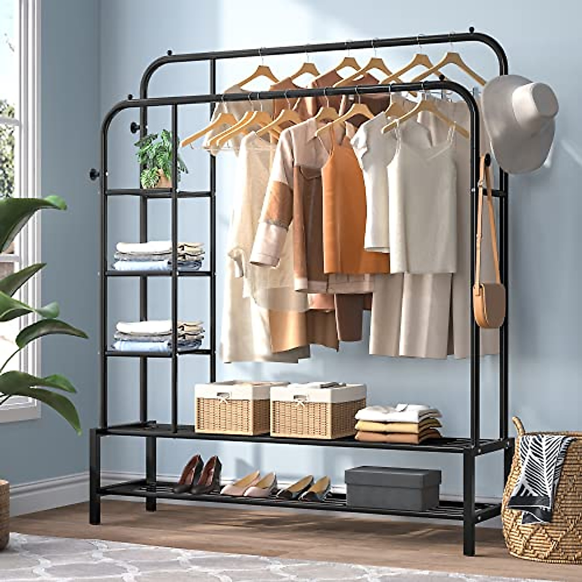 JOISCOPE Double Rods Portable Garment Rack for Hanging clothes, 49 * 66 Inch Metal Clothing Rack with Bottom Shelves and 4 Hooks,Freestanding Clothes Rack for Bedroom,Space Saving, Black