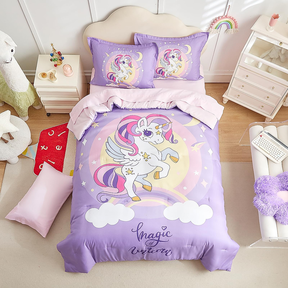 Girls Bed in a Bag Full Size Purple Unicorn Comforter Set with Rainbow Star - Soft Microfiber 7 Pcs Bedding Set (1 Comforter 2 Pillow Shams 1 Flat Sheet 1 Fitted Sheet 2 Pillowcases)