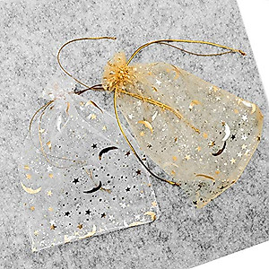 souG Organza Gifts Bags, 5x7 100Pcs Sheer Organza Drawstring Pouches Stars and Moon Wedding Party Favor Jewelry Candy Gift Bags (White and Gold).