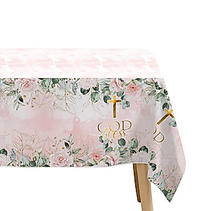 Suhelkit God Bless Baptism Decorations Tablecloth Girls - First Communion Decorations Party Table Cover, Pink Christening Celebration Baby Shower Religious Table Cloth, 3 Pack (54in x 108in)