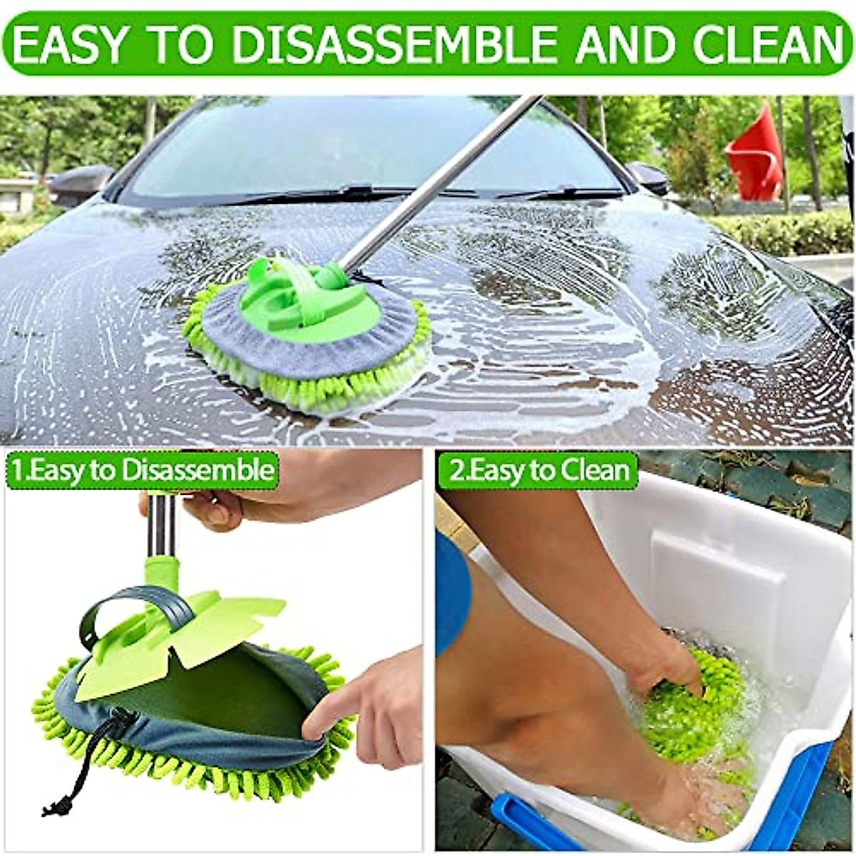 WillingHeart 47.5" Car Wash Brush Mop Cleaning Tool with Long Handle Kit for Washing Detailing Cars Truck, SUV, RV, Trailer, Boat 2 in 1 Chenille Microfiber Sponge Duster Not Hurt Paint Scratch Free