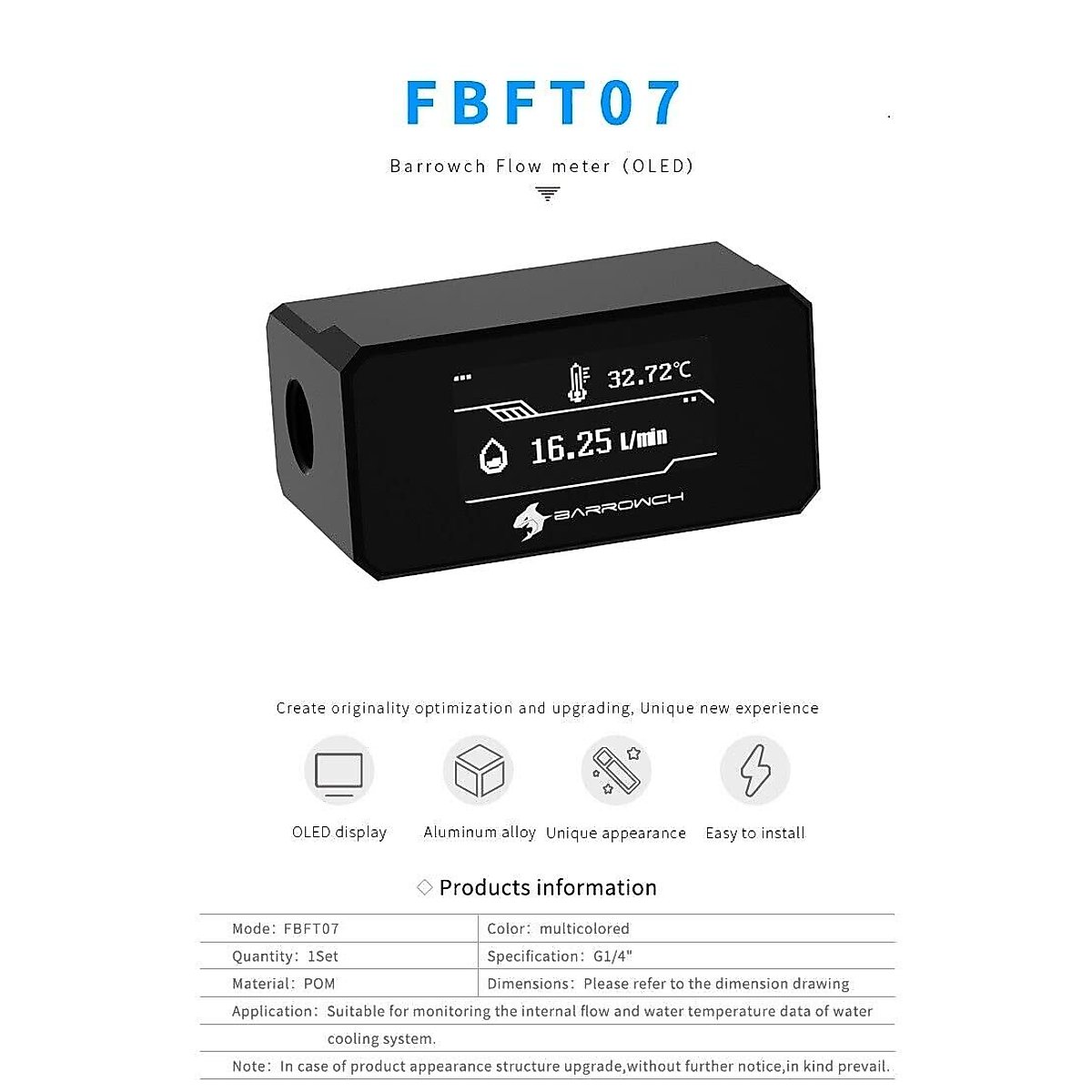 Barrowch G1/4" Water Temperature Sensor & Flow Meter with OLED Display FBFT07 for PC Water Cooling System (Black)