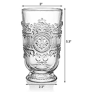 Hacaroa Set of 4 Vintage Embossed Drinking Glasses Short Stem Water Glassware, 11 Oz Clear Stemmed Highball Glass Beverage Cup, Romantic Footed Wiskey Glasses for Juice, Beer, Party, Bar