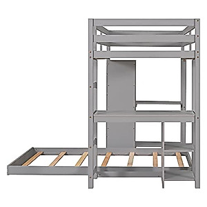 Polibi Twin Over-Twin Bunk Bed with Built-in Desks, Drawers and Shelves, Twin Size Wooden Loft Bed with 4 Storage Drawers, Desk, Shelves and Bottom Platform Bed (Grey)