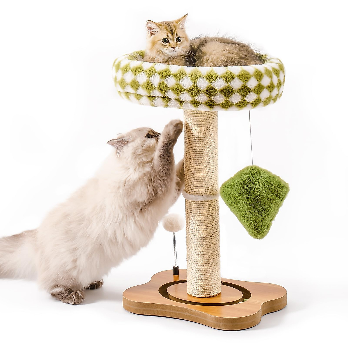 Mewoo Cat Scratching Post with Bed, Cat Tower with Cat Scratcher Post, Small Cat Tree for Indoor Cats, Sisal Cat Scratcher with Removable Cat Perch, Cat Ball Track and Kittens Toys (Green, Medium)