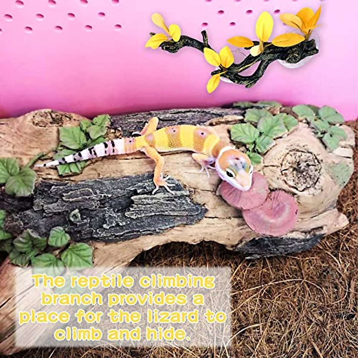 kathson Reptile Corner Branch, Lizard Climb Branches Decor Terrarium Plant Decoration with Suction Cup Reptile Tank Plant Ornament for Bearded Dragons Gecko Snake Spider Frog Climbing (Yellow)