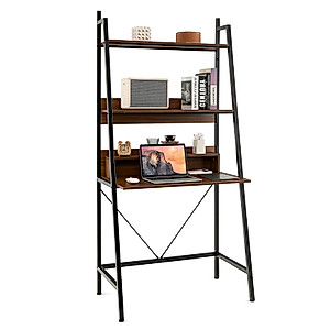 GOFLAME 71” High Ladder Desk, Freestanding Laptop Desk with Open Shelves, 3-Tier Ladder Shelf Computer Desk, Anti-Tipping Kits, Ideal for Living Room Bedroom Study, Brown