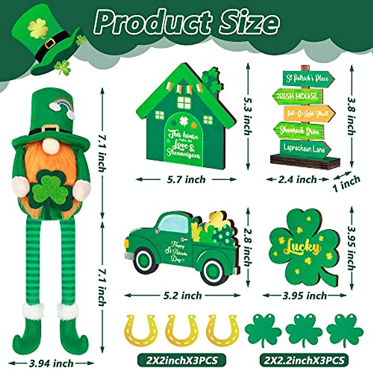 11 PCS St Patricks Day Decorations, St Patrick's Day Tiered Tray Ornaments, Shamrock Wood Table Signs Set, Irish Lucky Gnomes Doll Truck Clover Decor Centerpieces for Tabletop Fireplace Shelf Home