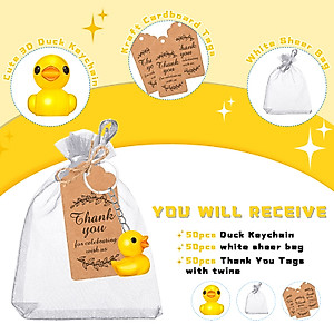 200 Pieces Cute 3D Duck Keychain Rubber Duck Birthday Party Favors Mini Cartoon Duck Key Chain Thank You Tags White Gift Bags with Rope Duck Pendant Accessories for Birthday Party Baby Shower