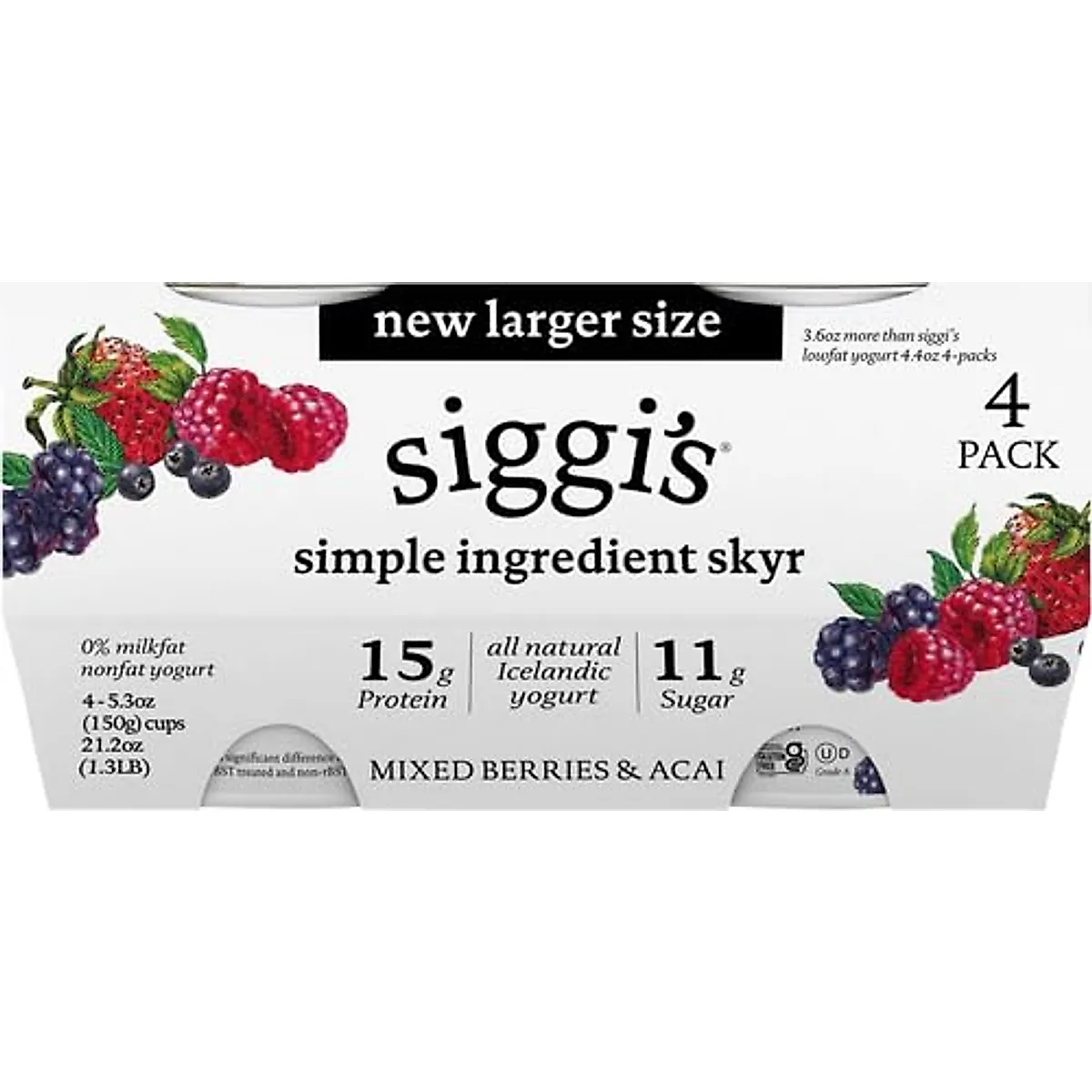 Siggi's Mixed Berries & Acai Non Fat Yogurt 4 Pack, 21.2 OZ
