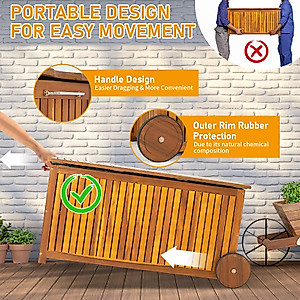 VINGLI 57 Gallon Wooden Outdoor Deck Box, Acacia Patio Storage Box with Convenient Wheels, Outdoor Storage Bin with Water-Resistant Inner Bag, Patio Deck Box for Indoors & Outdoors