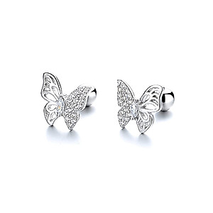 18G Cute Butterfly Stud Earrings Sterling Silver 925 Dainty Cubic Zriconia Crystal Cartilage Tragus Helix Earring Studs Barbell Bar with Screw Back Hypoallergenic Ear Piercing Jewelry Gifts for Women