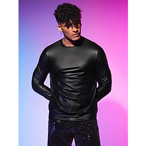 WDIRARA Men's Round Neck Long Sleeve PU Leather Sweatshirt Party Club Pullovers Black S