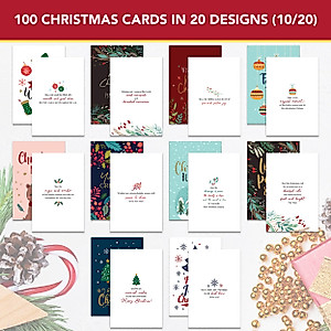 Decorably 100 Pack Foiled & Glittery Christmas Cards with Envelopes & Stickers, 20 Designs Printed Message Inside Christmas Cards Bulk, 4x6in Merry Christmas Card, Boxed Christmas Cards with Envelopes