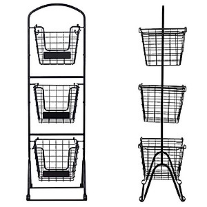 BIRDROCK HOME 3-Tier Wire Market Basket Stand with Chalk Label - Snack Fruit Vegetable Produce Metal Hanging Storage Bin for Kitchen Pantry - Free-Standing or Stacking Organizer - Black