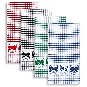 Cackleberry Home Cat Faces Terrycloth Kitchen Towels Windowpane Check Fabric, Set of 4 (Assorted)