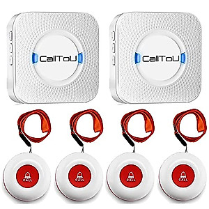 CallToU Wireless Caregiver Pager Smart Call System 4 SOS Call Buttons/Transmitters 2 Receivers Nurse Calling Alert Patient Help System for Home/Personal Attention Pager 500+Feet Plugin Receiver