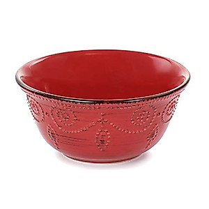 Elama Embossed Scalloped Round Stoneware Dinnerware Dish Set, 16 Piece, Red with Brown Accents