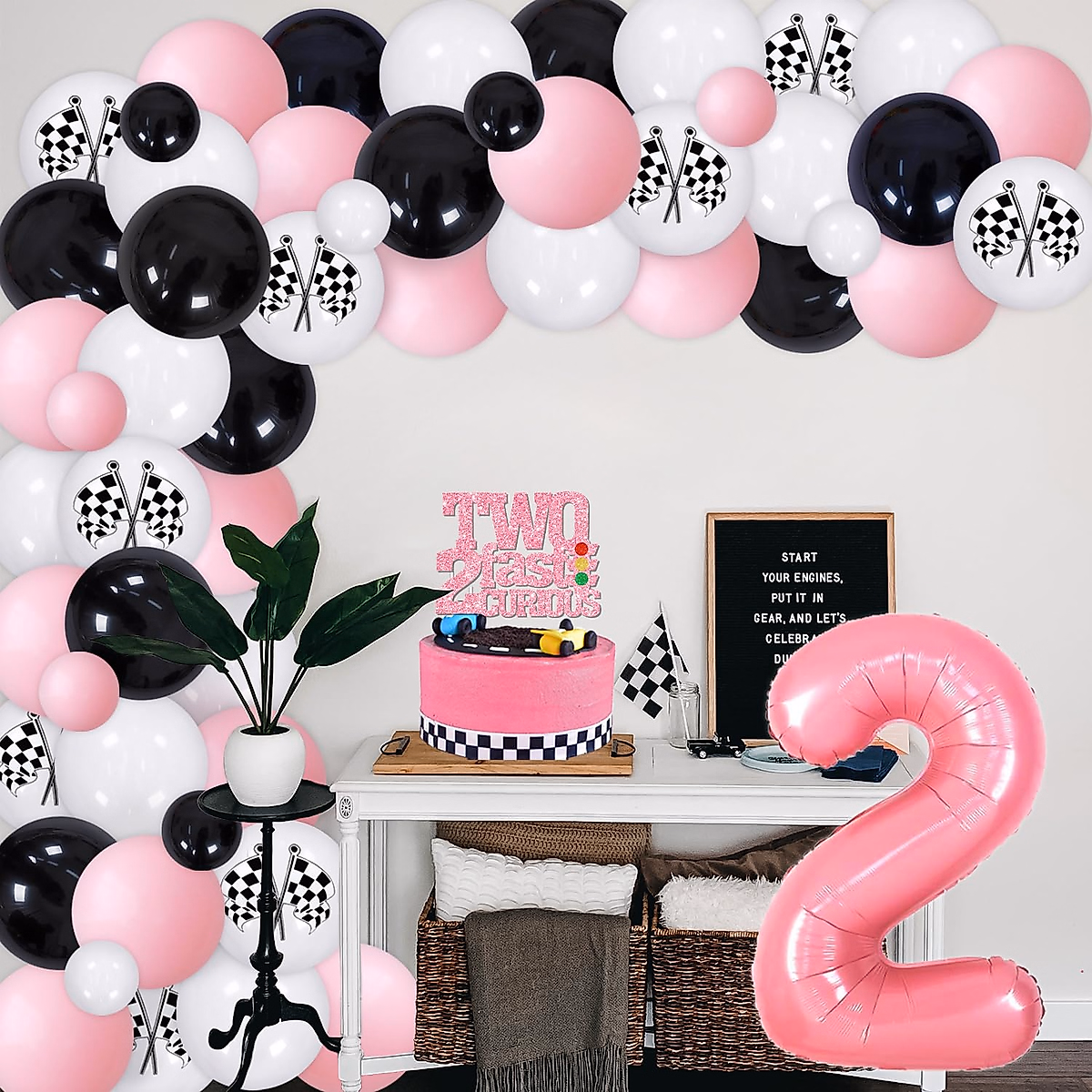 90Pcs Pink Racing Car 2nd Birthday Party Decorations for Girls, TWO FAST CURIOUS 2 Foil Balloons with Pink Black Checkerboard Grid Balloon Garland Kit for Girls 2 Years Old Birthday Decoration