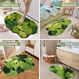 Hifuwan Cute Green Moss Shag Bathroom Rugs Leaf Bath Mats for Bathroom Decor Aesthetic Leaves Soft Non Slip Washable Aabsorbent Floor Carpet Boho Indoor Shower Mat Doormat