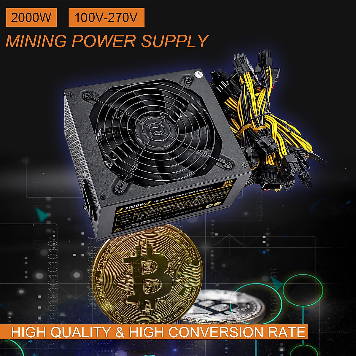 2000W Mining Power Supply for 8 GPU, PSU Power Supply for ETH Rig Ethereum Miner, 100V-270V PSU with Adapter Cable