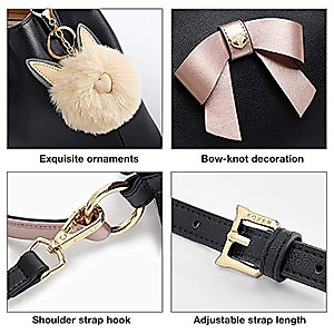 Leather Handbags for Women, Cow Leather Ladies Top Handle Bag with Adjustable Shoulder Strap Fluffy Ball Bow-knot Decoration Womens Small Designer Crossbody Totes Girls Cute Messenger Bag (Black)
