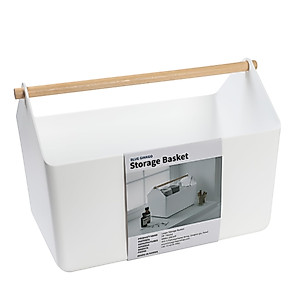BLUE GINKGO Multipurpose Storage Baskets - 10.5L Large Plastic Storage Bins with Wooden Handles | Home, Kitchen, Bathroom, Nursery Storage Organizer (Made in Korea) - White