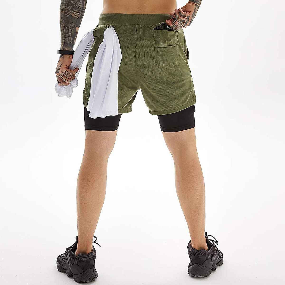 OEBLD Mens Athletic Shorts 2-in-1 Gym Workout Running 7'' Shorts with Towel loop Army Green