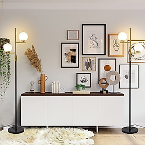 Asmymhd Dimming Floor Lamp with 2 Sphere Frosted Glass Globes,Mid Century Gold and Black Standing Lamp for Living Room, Bedroom, Office. (Black+Gold)