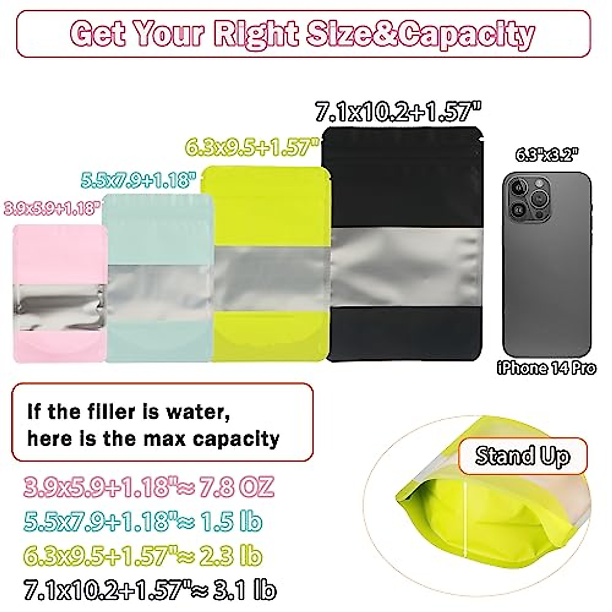 200 PCS-Stand Up Mylar Bags for Food Storage 5.5x7.9, Resealable Ziplock Bags with Visible Window Foil Pouch Bags Great for Packaging Small Craft, Lipgloss, Jewelry Packaging for Small Business