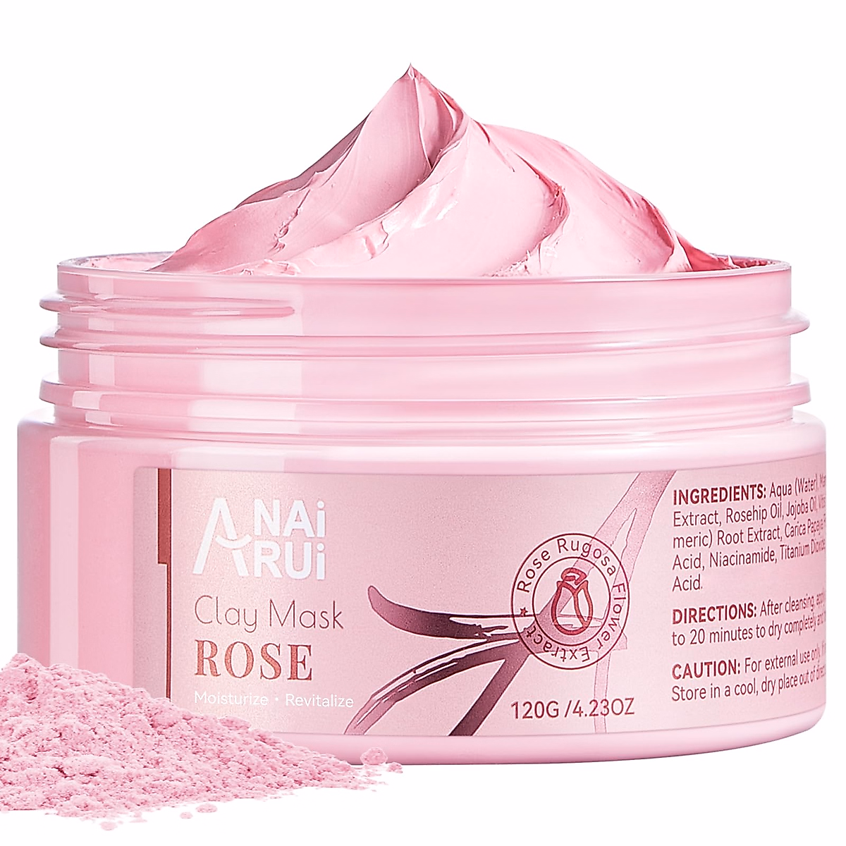 ANAI RUI Rose Clay Facial Mask, with Kaolin Pink Clay, Niacinamide, Collagen, Hyaluronic Acid Moisturizing. Pores Minimizers, Blackhead Remover, 4.23 Oz