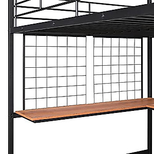 Ochangqi Metal Full Size Loft Bed with Desk and Metal Grid, Loft Bed Frame with Ladder and Full-Length Guardrail for Kids Boys Girls Teens, Noise Free (Black)