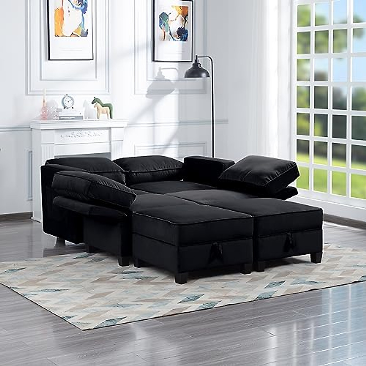 Goohome 116'' Modular Sectional, U-Shaped Velvet Convertible, Minimalist Modern 6 Seater Sleeper Couch with Chaise Ottomans, Sofa Sets, for Living Room, Bedroom, B-Black