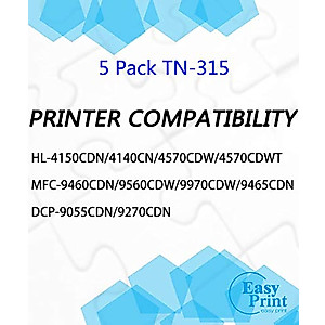 EASYPRINT (5-Pack, high Yield) Compatible TN-310 TN-315 Toner Cartridge TN310 TN315 Used for Brother HL-4140CN/4150CDN/4570CDWT, MFC-9460CDN/9560CDN/9970CDN,DCP-9055CDN/9270CDN, (2xBK, 1xC, 1xM, 1xY)