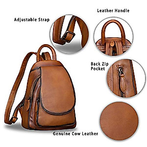Genuine Leather Backpack for Women Vintage Handmade Casual Knapsack Small Rucksack Satchel (Brown)