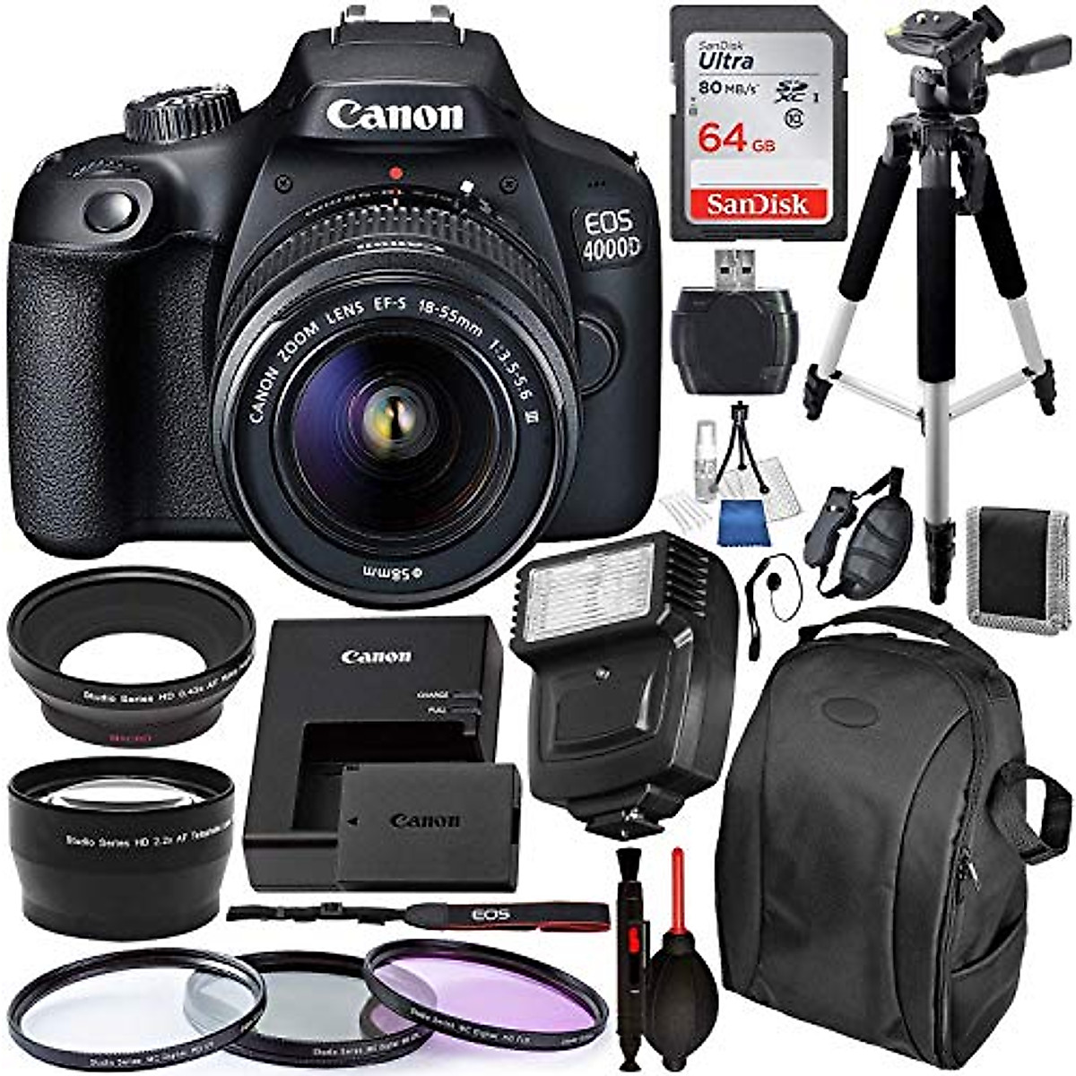 Canon EOS 4000D/Rebel T100 DSLR Camera with 18-55mm III Lens and Accessory Bundle – Includes SanDisk Ultra 64GB SDXC Memory Card & Digital Slave Flash & 3PC Multi-Coated Filter Set & More (Renewed)