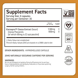 CocoaVia Cardio Health Supplement, 30 Day, 500mg Cocoa Flavanols, Support Heart Health, Boost Nitric Oxide, Blood Circulation, Energy, Vegan, Dark Chocolate, 60 Capsules