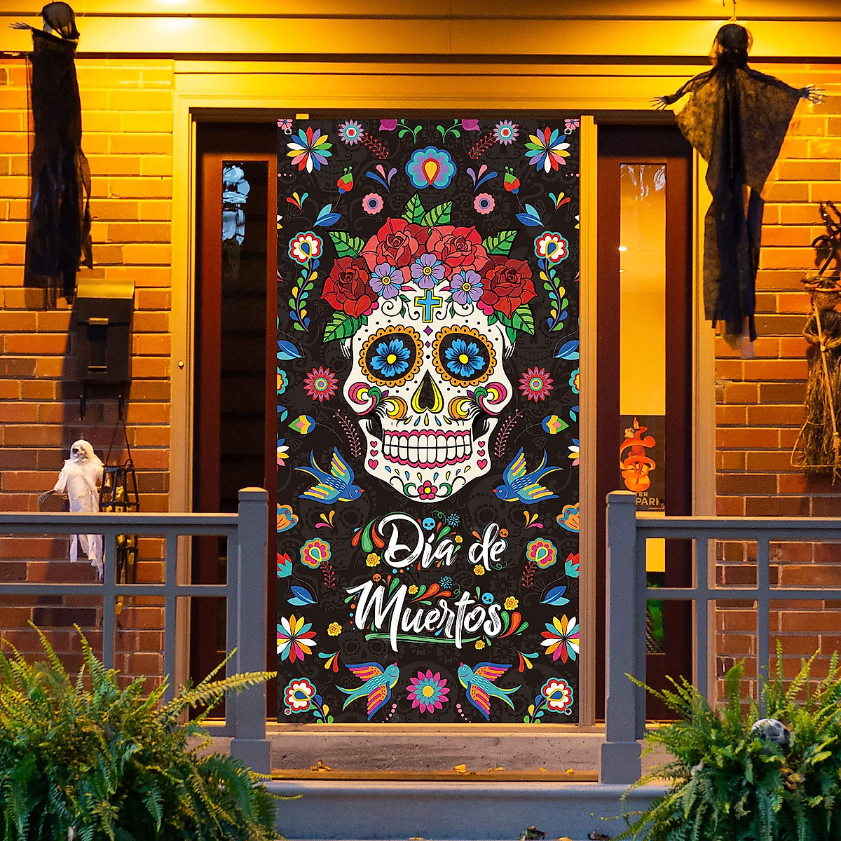 3 Pieces Day of the Dead Porch Sign, Mexican Dia De Los Muertos Party Door Decorations, Day of the Dead Sugar Skull Door Banner for Halloween Home Bathtub Birthday Fiesta Party, 11.8 x 70.9 Inches