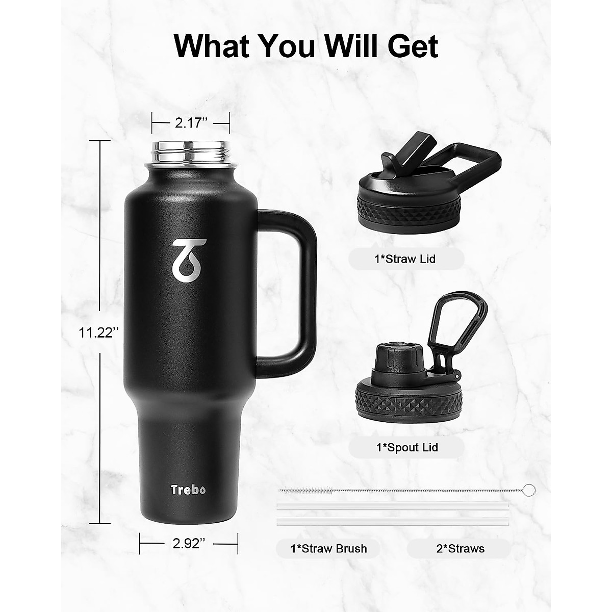Trebo 40 oz Water Bottle Insulated Fit Car Cup Holder with Handle, Stainless Steel Water Bottles Tumbler with Spout Straw Lids, Double Wall Travel Reusable Flask, Leakproof Mug,Keep Cold &Hot,Black