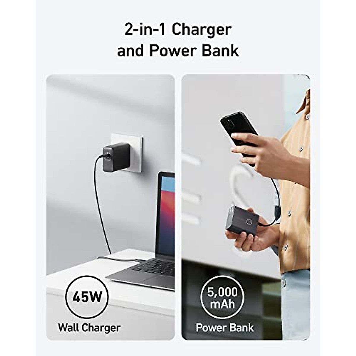Anker 45W Wall Charger with 5,000mAh 20W Portable Charger, 521 Power Bank (PowerCore Fusion), Dual-Port USB-C for iPhone 14/13 Series, iPad Pro, AirPods, Apple Watch (Phantom Black)