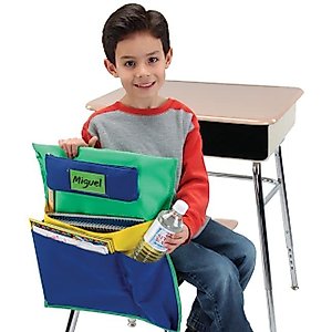 Really Good Stuff Deluxe Multi-Pocket Chair Pockets with Pencil Case and Water Bottle Holder – 6 Pack – Green/Blue