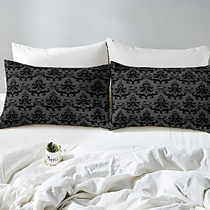 Feelyou Black Bedding Set Twin Size Kids Jacquard Comforter Cover Set for Boys Teens Sugar Skull Duvet Cover Exotic Black Damask Bedspread Cover Room Decor Quilt Cover