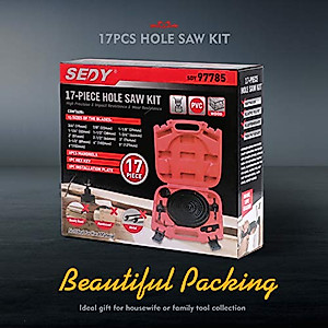 SEDY Hole Saw Kit, 19-Pieces Hole Saw Set with Red Case Include 13pc 3/4"-6"(19-152mm) Saw Blades, 2 Mandrels, 2 Drill Bits, 1 Installation Plate, 1 Hex Key, Ideal for Soft Wood, Plywood, Drywall, PVC